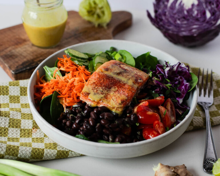 Rainbow Salmon Nourish Bowls with Turmeric Dressing – Fit Mama Real Food