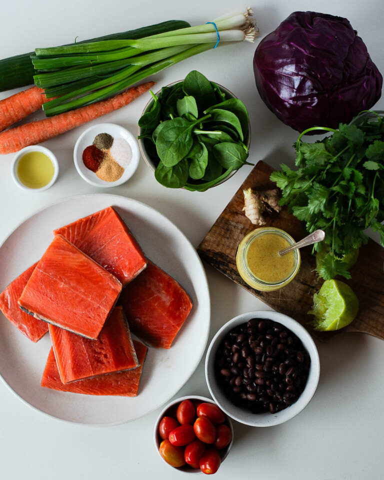 Rainbow Salmon Nourish Bowls with Turmeric Dressing – Fit Mama Real Food